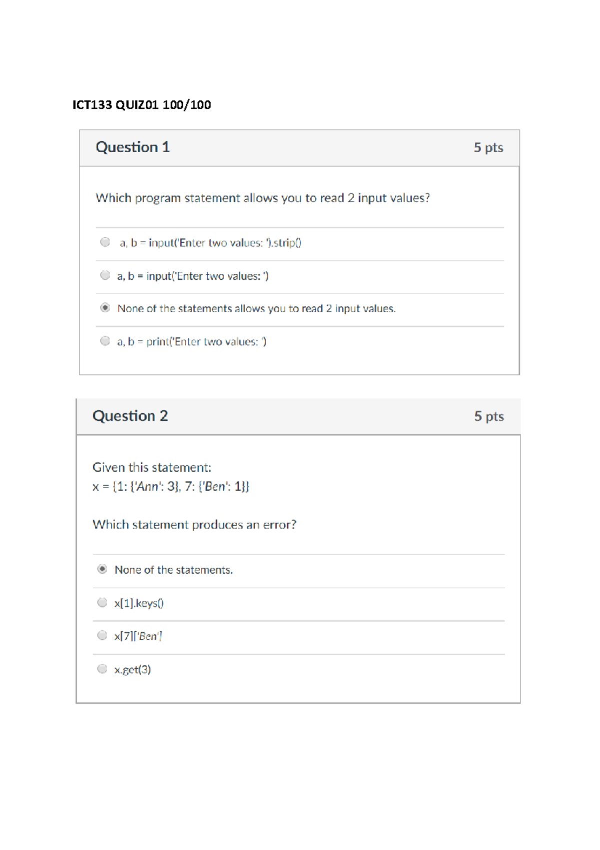 ICT133 - Quiz 01 (100 Marks) Summary and Guidelines 2020 - Studocu