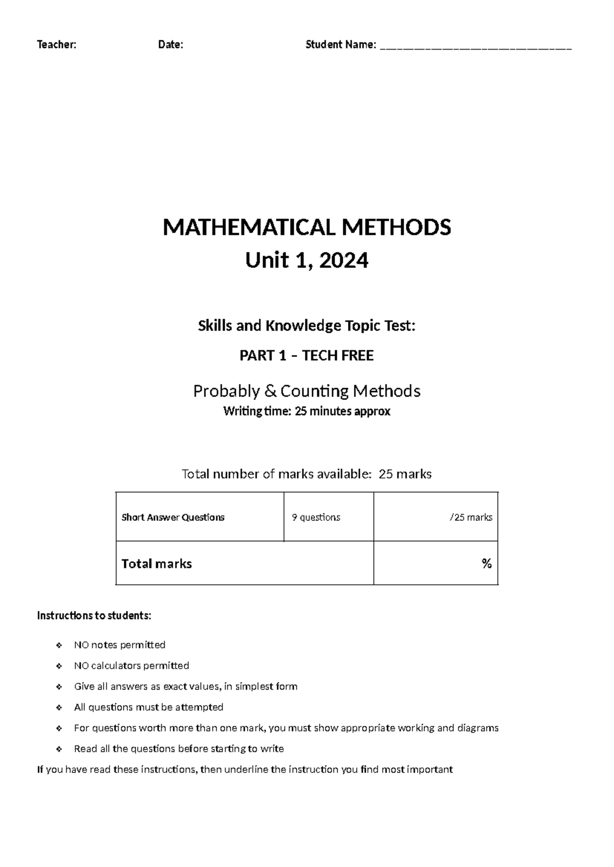 2024 - 11MME - Probability and Counting Methods Topic Test - Studocu