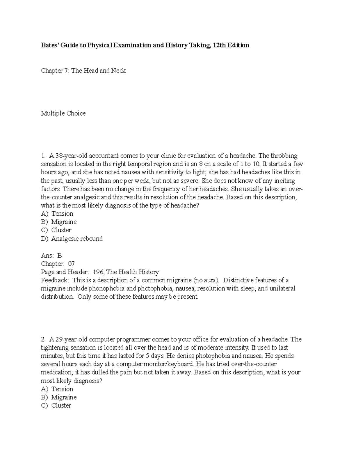 Bates' Test Qs on Head & Neck Examination - Chapter 7 Insights - Studocu