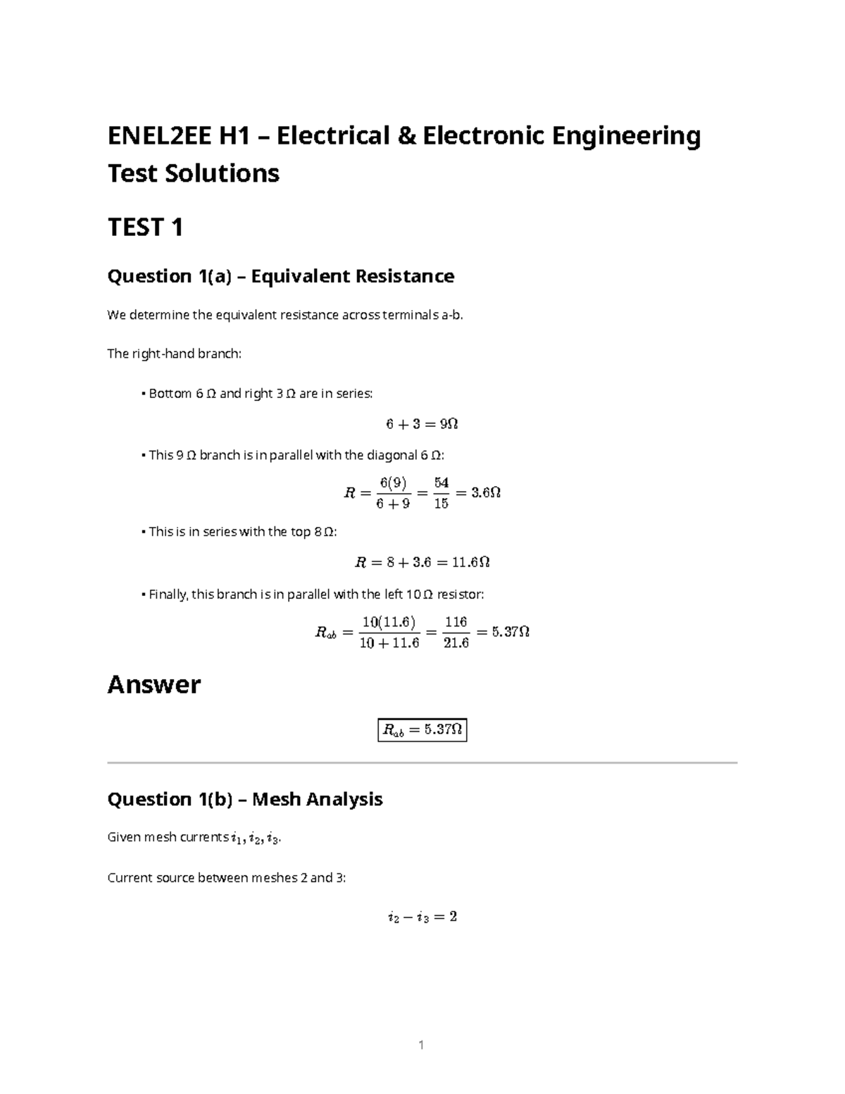 ENEL2EE H1 Electrical Engineering Test Solutions - Test 1 Answers - Studocu