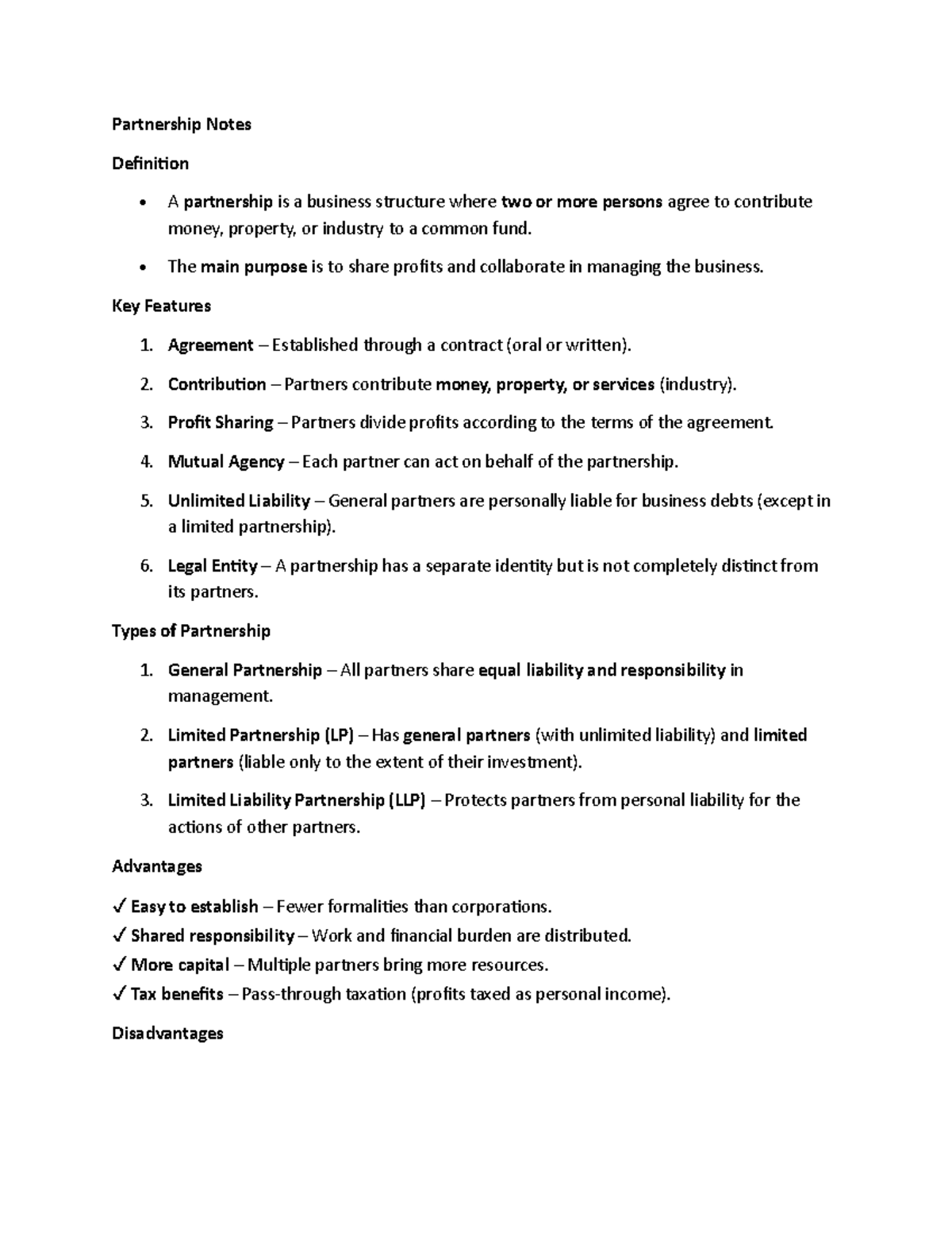 Partnership Notes: Key Features, Types, Advantages & Disadvantages ...