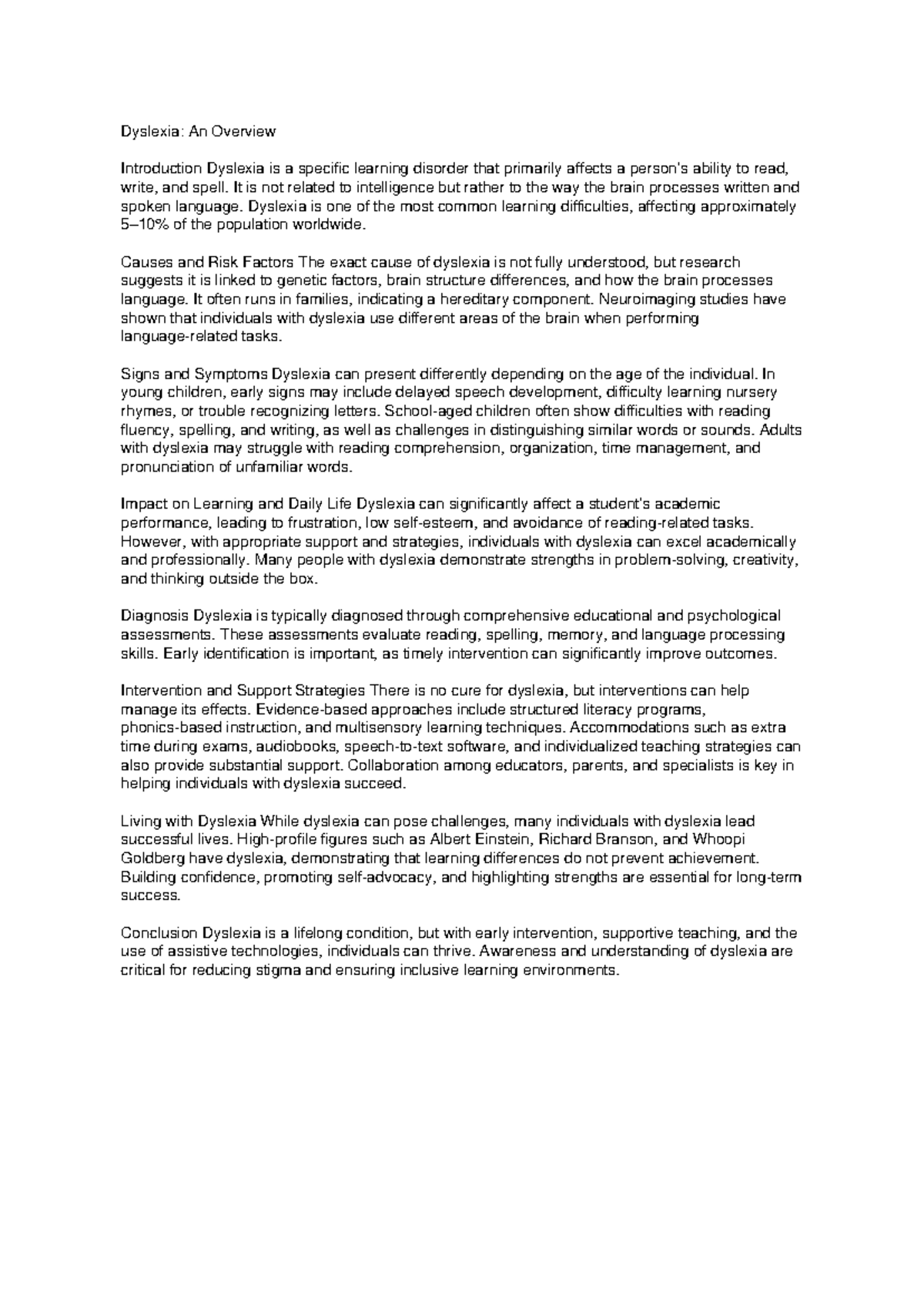 Dyslexia: An Overview of Causes, Symptoms, and Support Strategies - Studocu