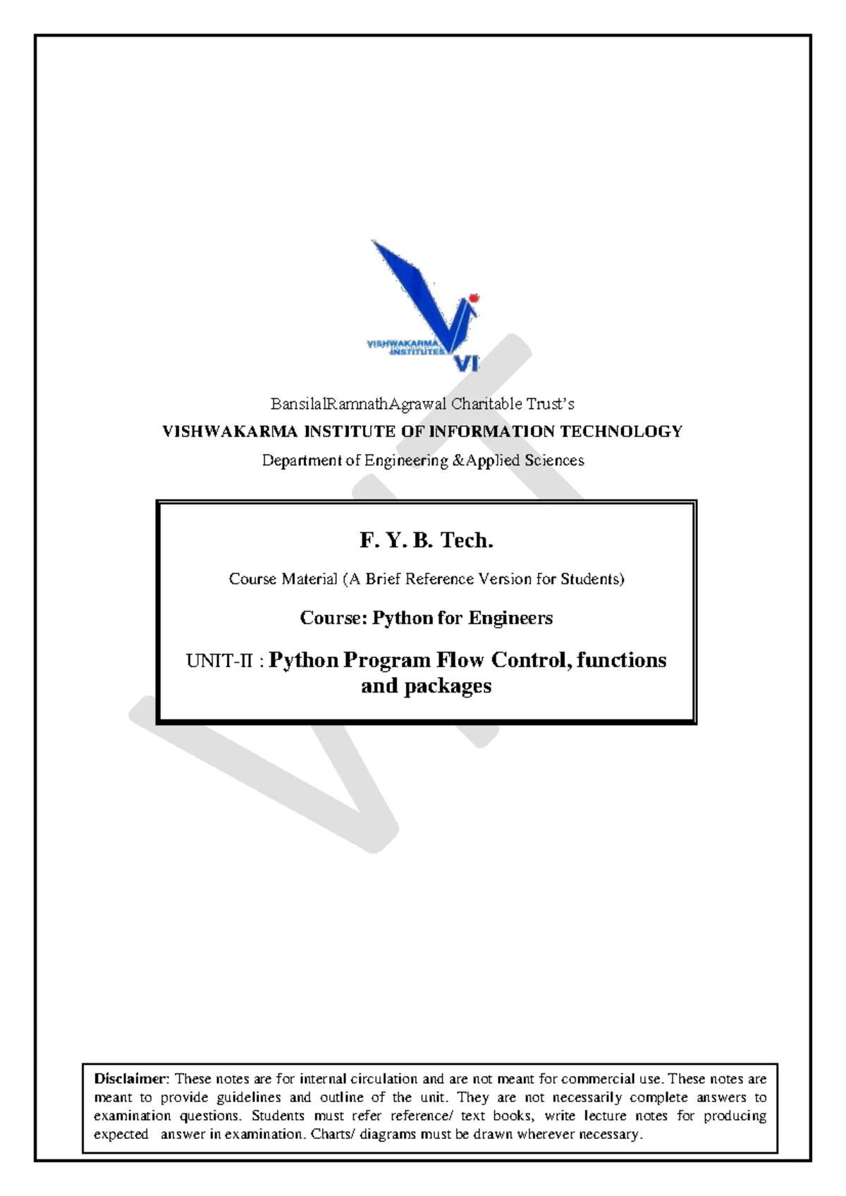 Python for Engineers PY101 Unit I Lecture Notes: Introduction & Basics ...