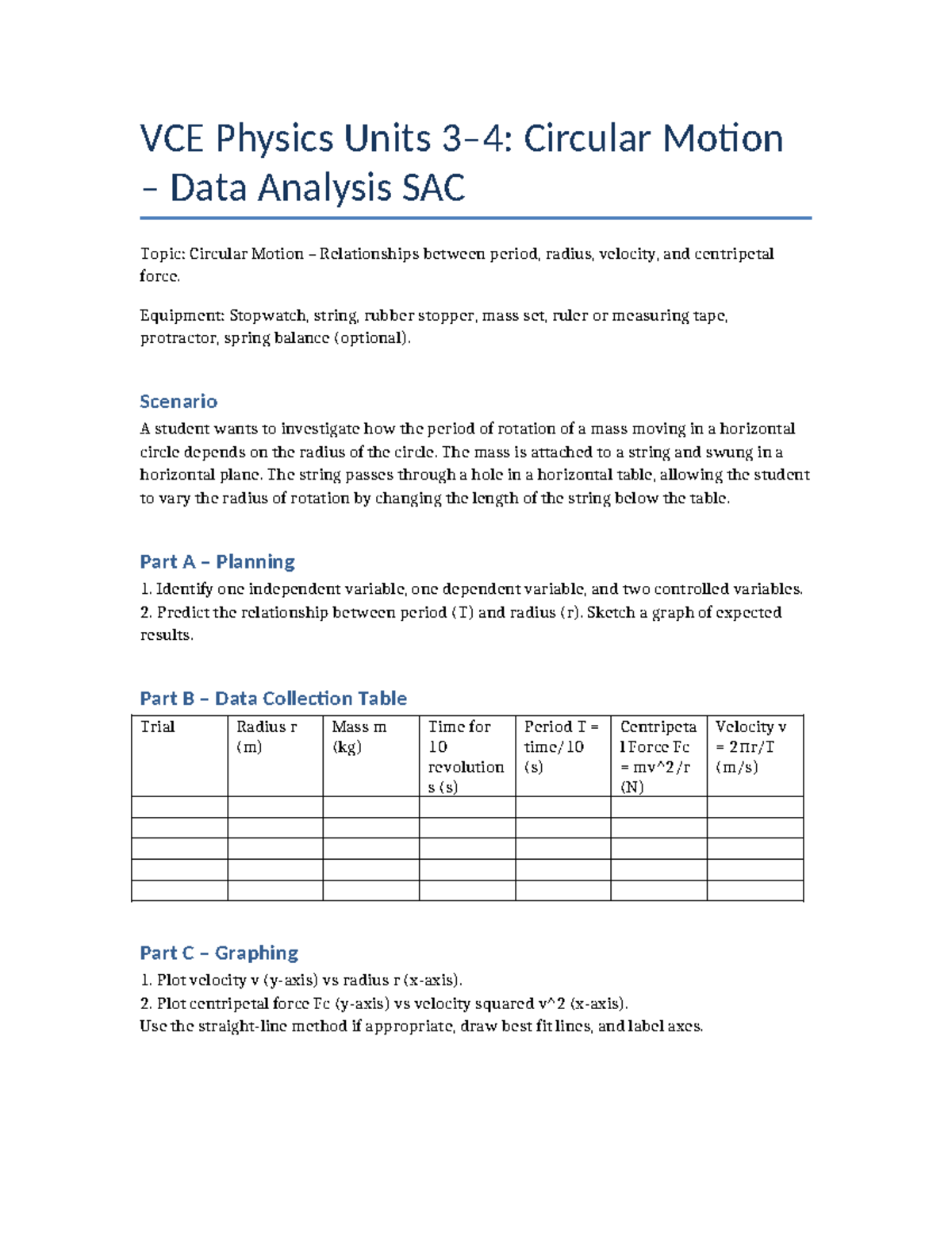 VCE Physics Circular Motion Data Analysis SAC: Relationships & Graphs ...