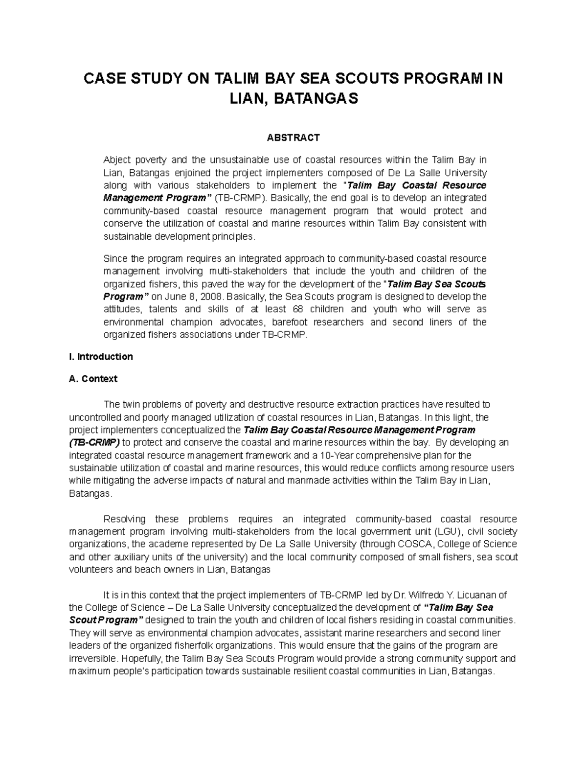 CASE STUDY ON TALIM BAY SEA SCOUTS PROGRAM (LCS 200) - Studocu