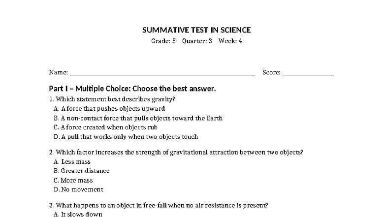 SUMMATIVE TEST IN SCIENCE G5 Q3 W4: Gravity & Motion Concepts - Studocu