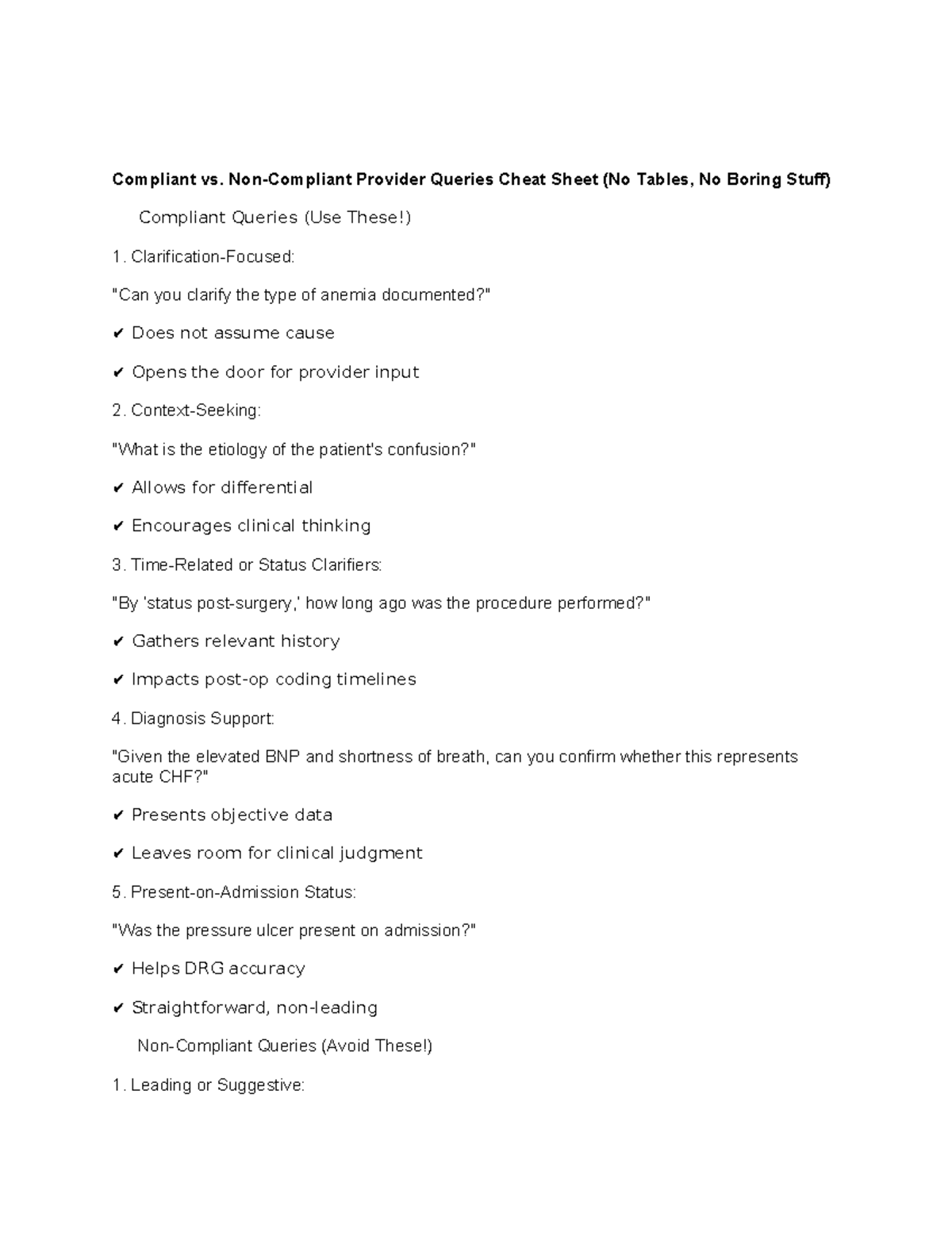 Compliant vs. Non-Compliant Provider Queries Cheat Sheet (CDEI Exam ...