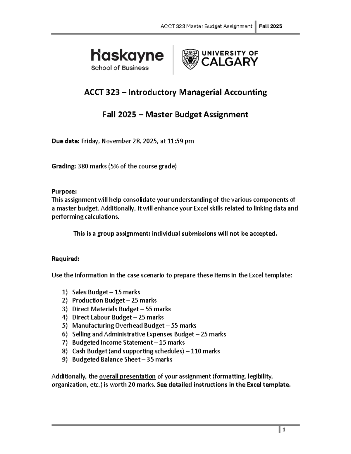 ACCT 323 Master Budget Group Assignment Guidelines Fall 2025 - Studocu