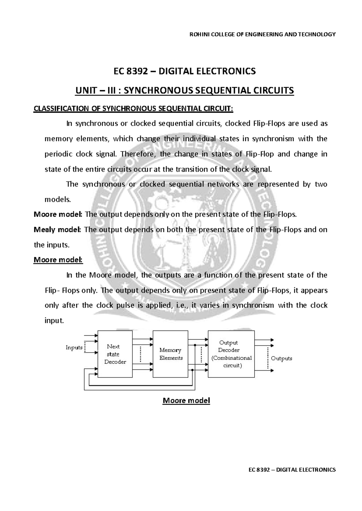 EC 8392 Digital Electronics: Synchronous Sequential Circuits Analysis ...