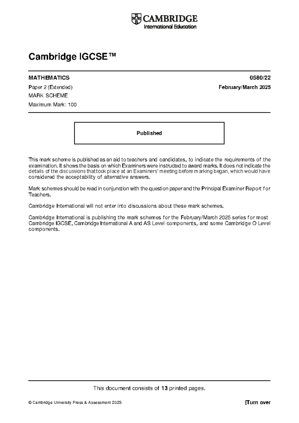 Cambridge IGCSE Mathematics 0580 Paper 2 (Extended) 2025 Mark Scheme ...