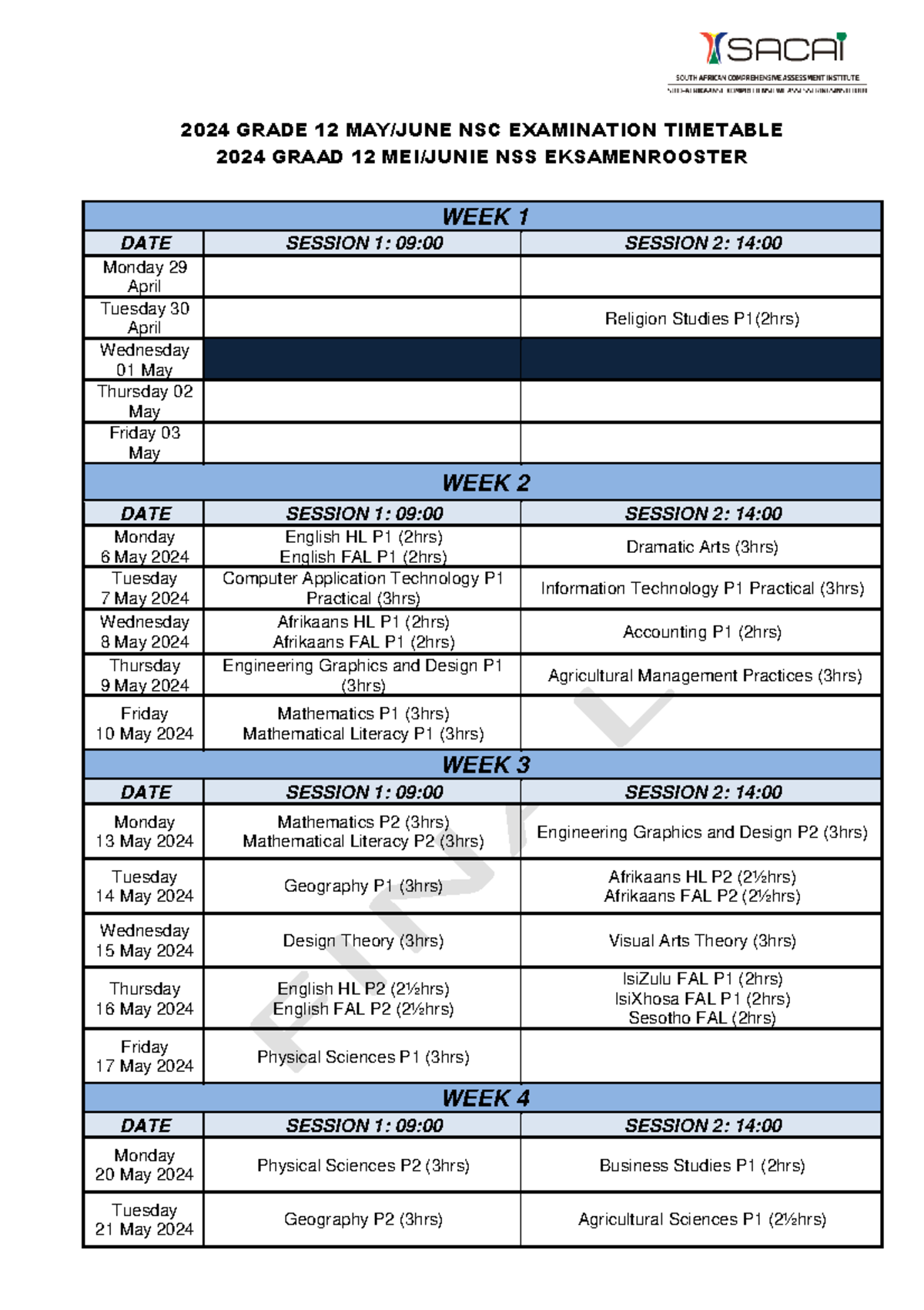 2024 GRADE 12 MAY/JUNE NSC EXAMINATION TIMETABLE - Studocu