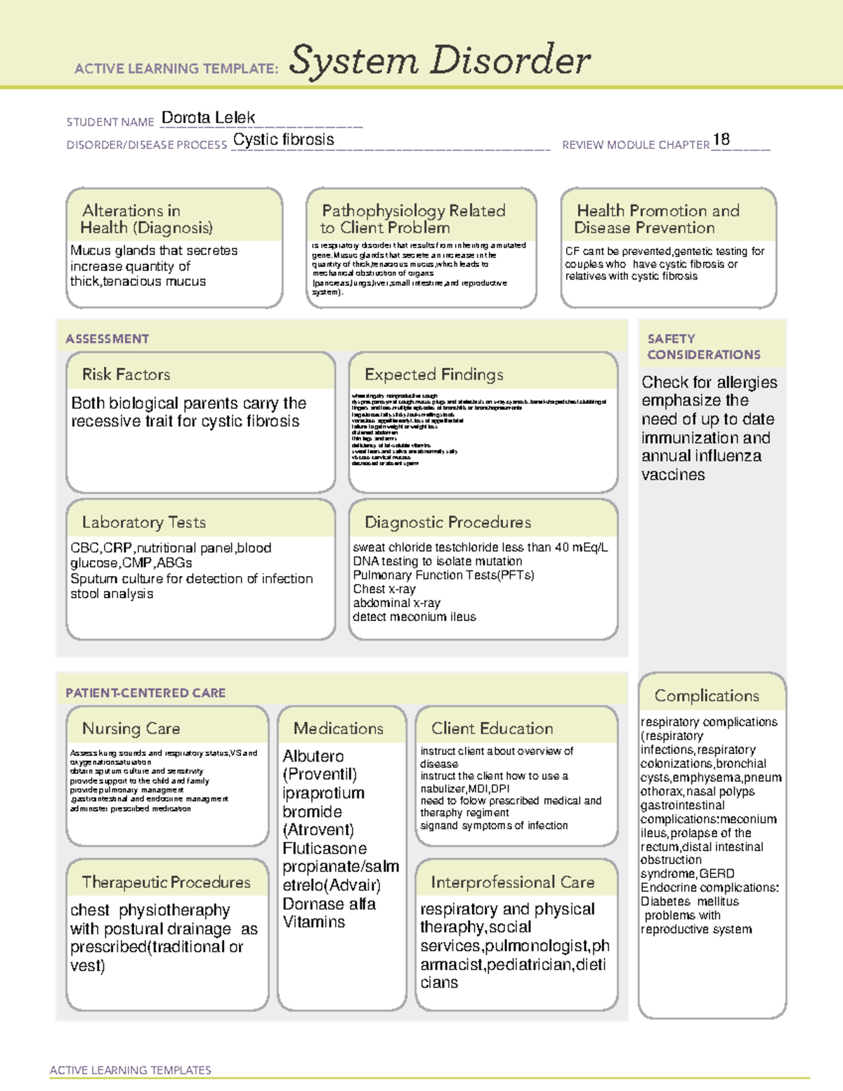 Cystic Fibrosis System Disorder Template - ATI25 Active Learning - Studocu
