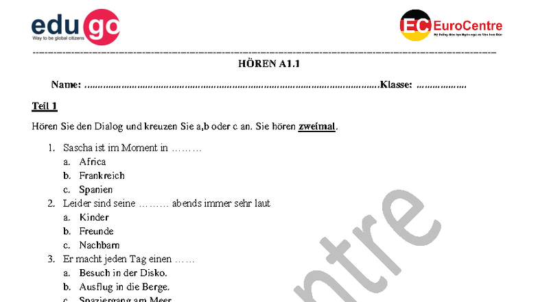 HÖREN A1.1 - Hörverständnis Übung und Fragen - Studocu