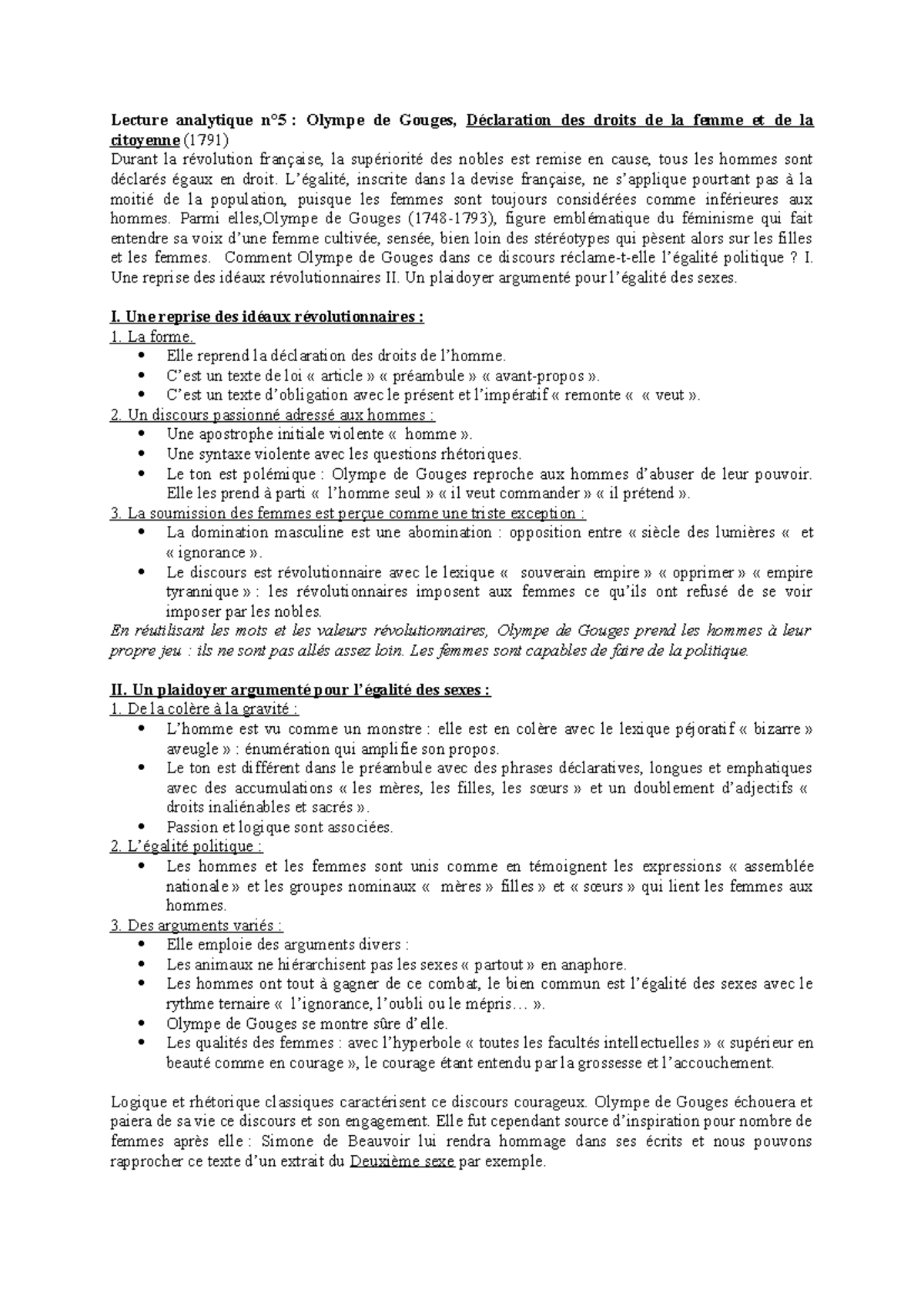 Lecture analytique : Olympe de Gouges et la Déclaration des droits des ...