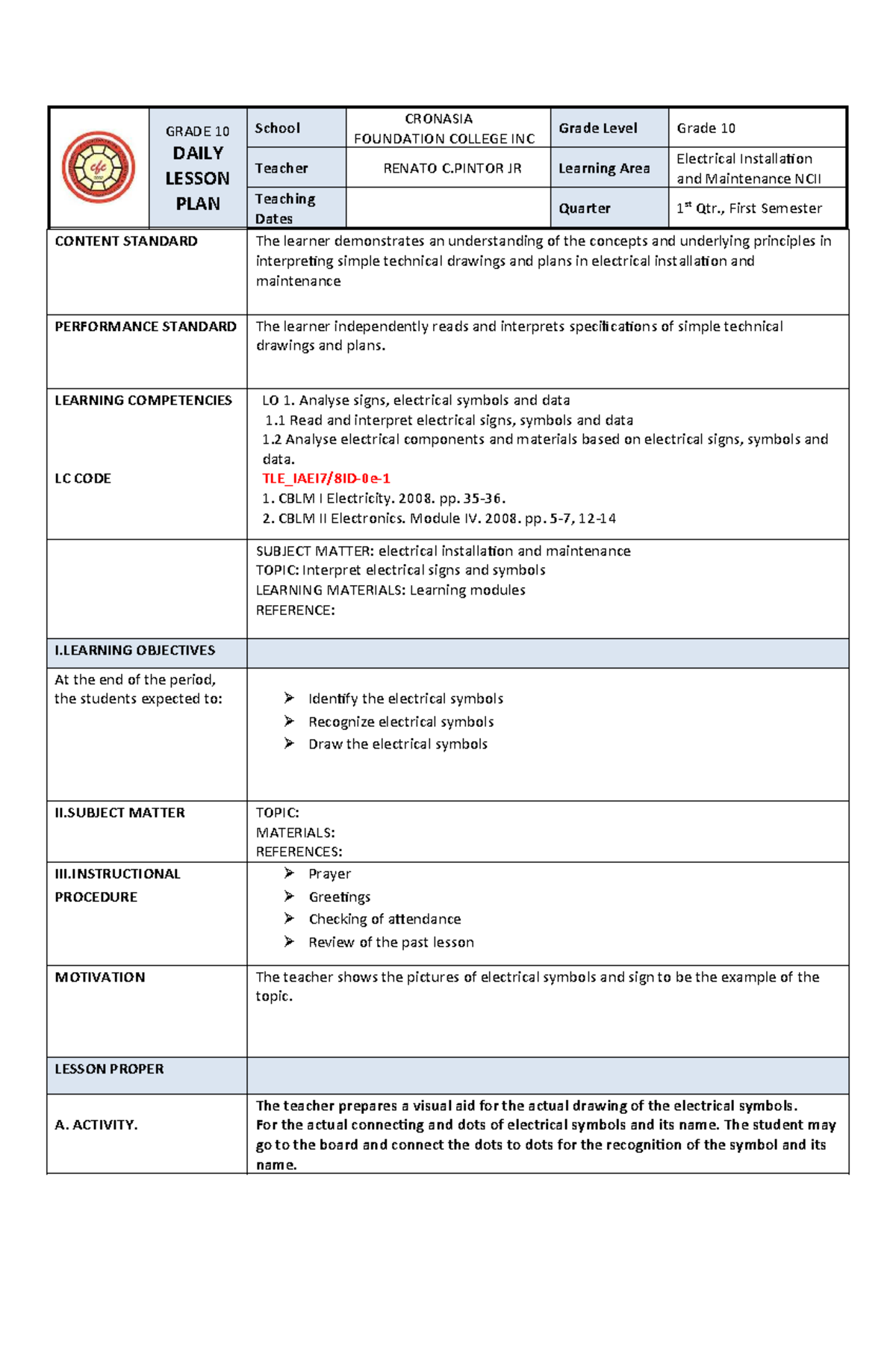 Grade 10 Electrical Installation Lesson Plan: Identifying Symbols and ...