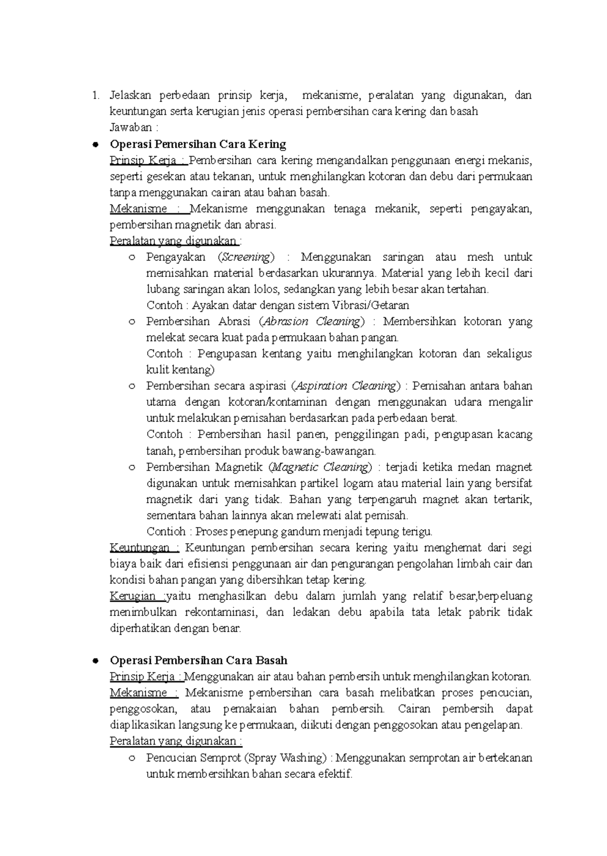 Satuan Operasi Industri Pangan: Pembersihan Kering vs. Basah - Studocu