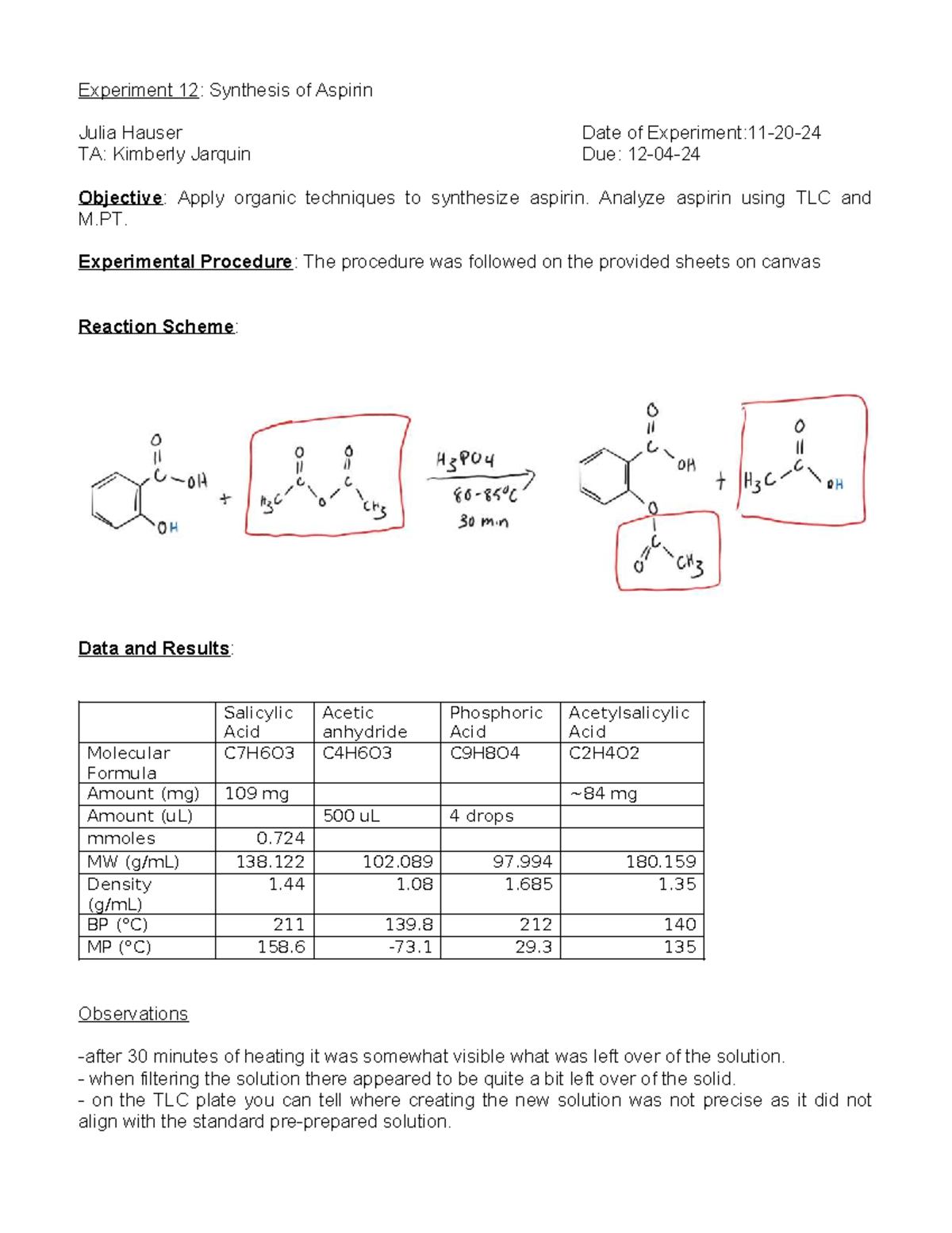 Experiment 12: Synthesis of Aspirin Lab Report (CHEM 101) - Studocu