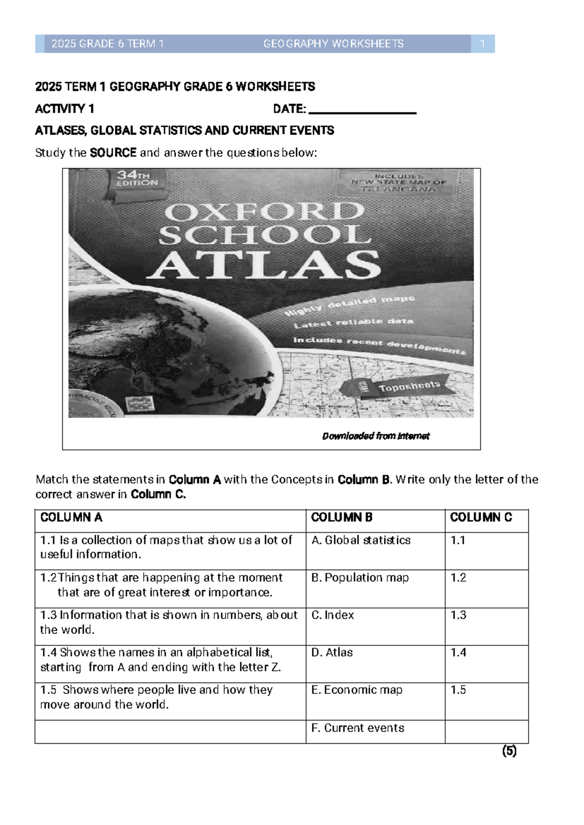 Grade 6 Term 1 Geography Worksheets - Activities & Questions - Studocu