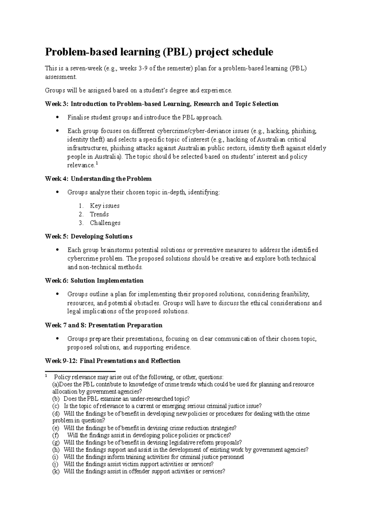 PBL Plan - Weekly Schedule for Cybercrime Project (Weeks 3-9) - Studocu
