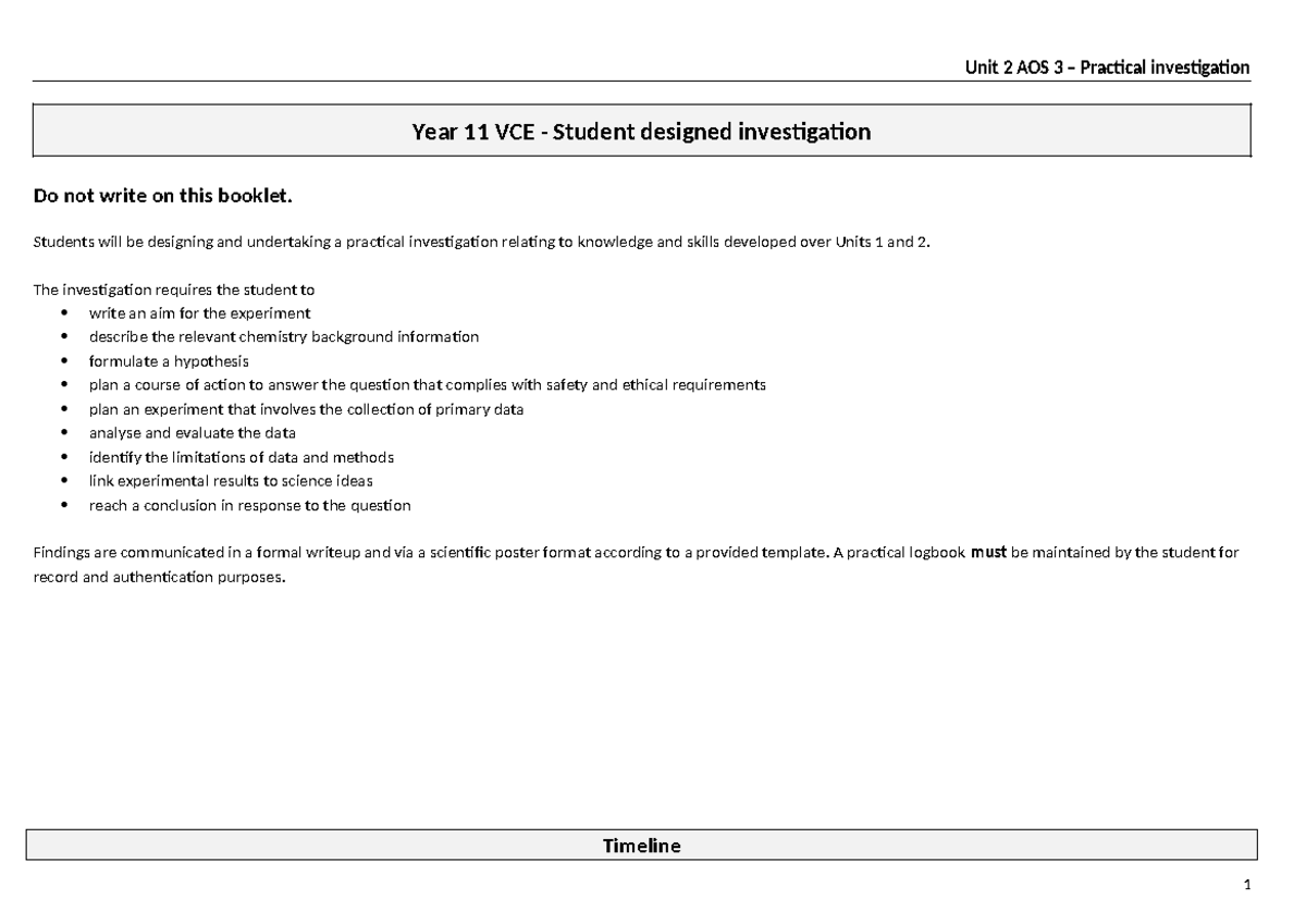 Unit 2 AOS 3 Practical Investigation Task Sheet - Year 11 Chemistry ...