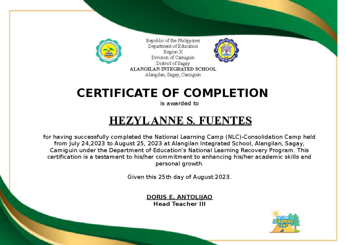 Cert for NLC - You may use this template for certificate - Republic of ...