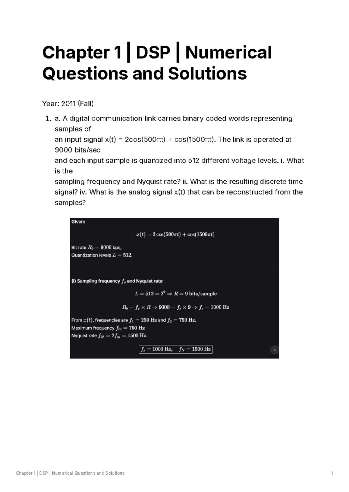 Chapter 1 DSP Numerical Questions & Solutions (Fall 2011) - Studocu
