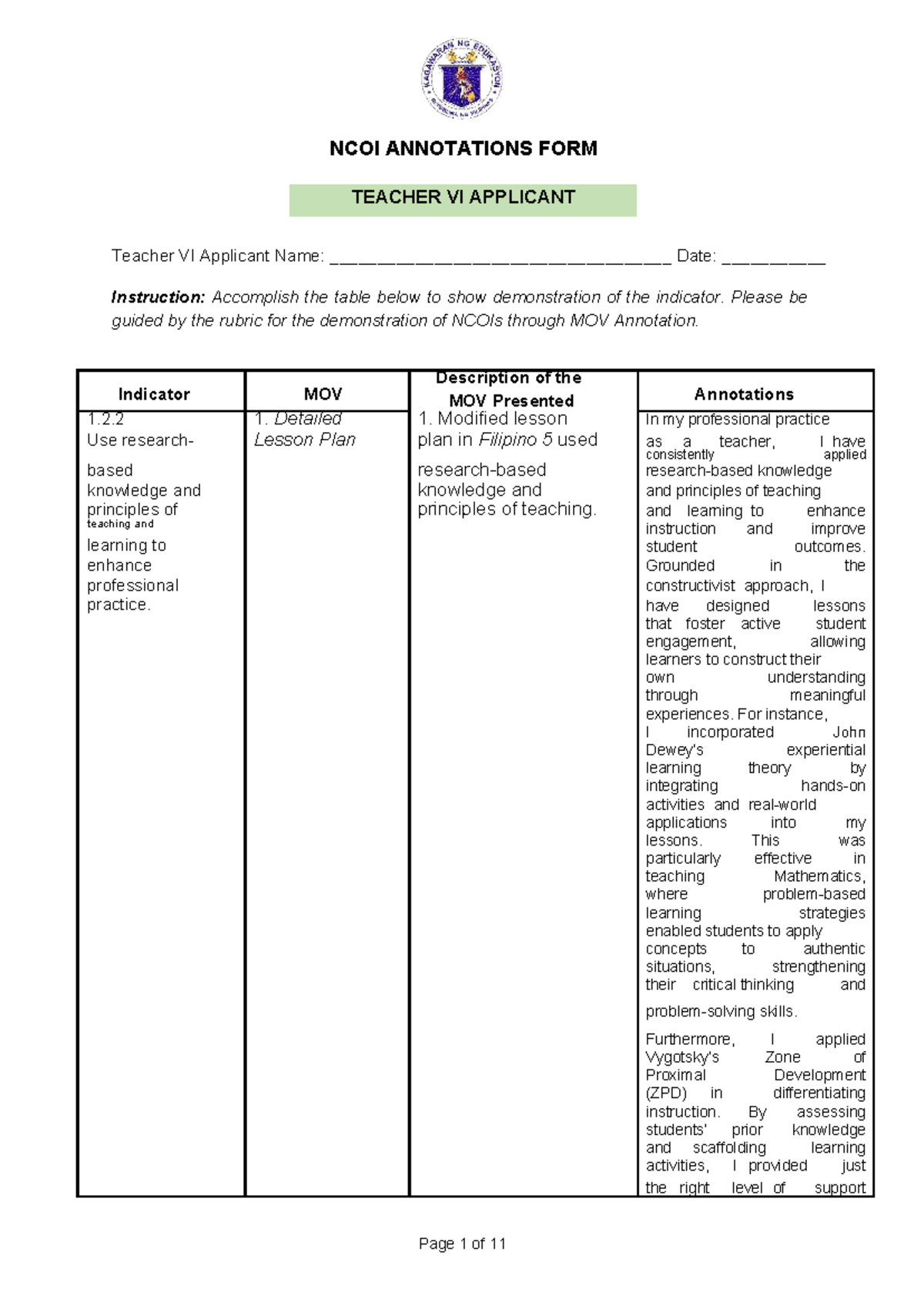 NCOI Annotations Form for Teacher VI Applicant: Evidence of Practice ...