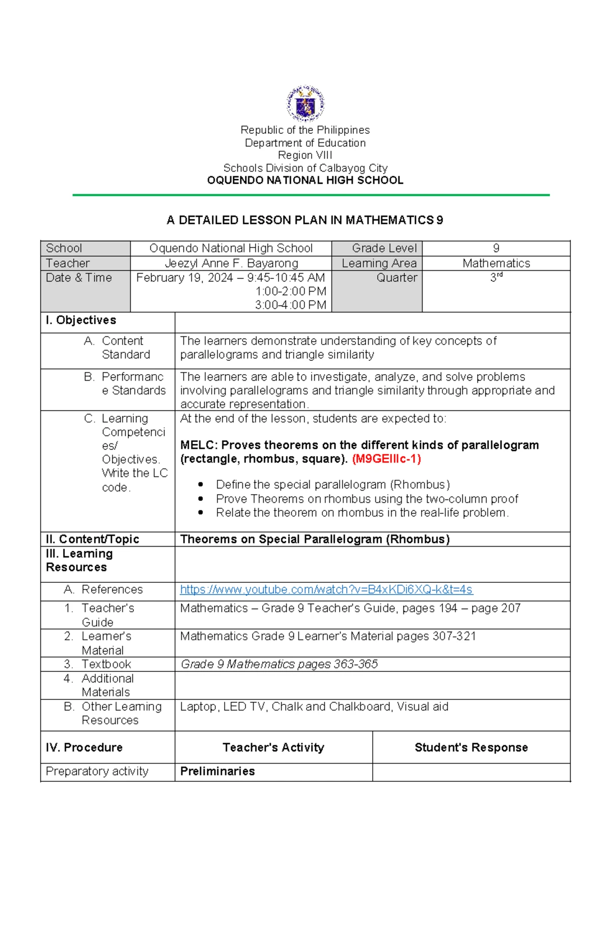 Mathematics 9 Detailed Lesson Plan: Proving the Midline Theorem - Studocu