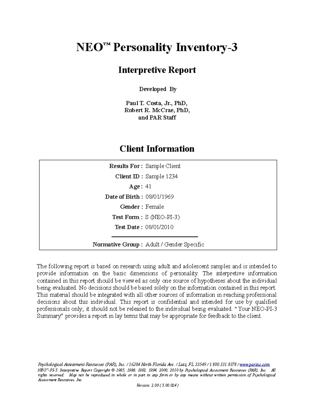 NEO PI-3: Sample Interpretive Report for Personality Assessment - Studocu