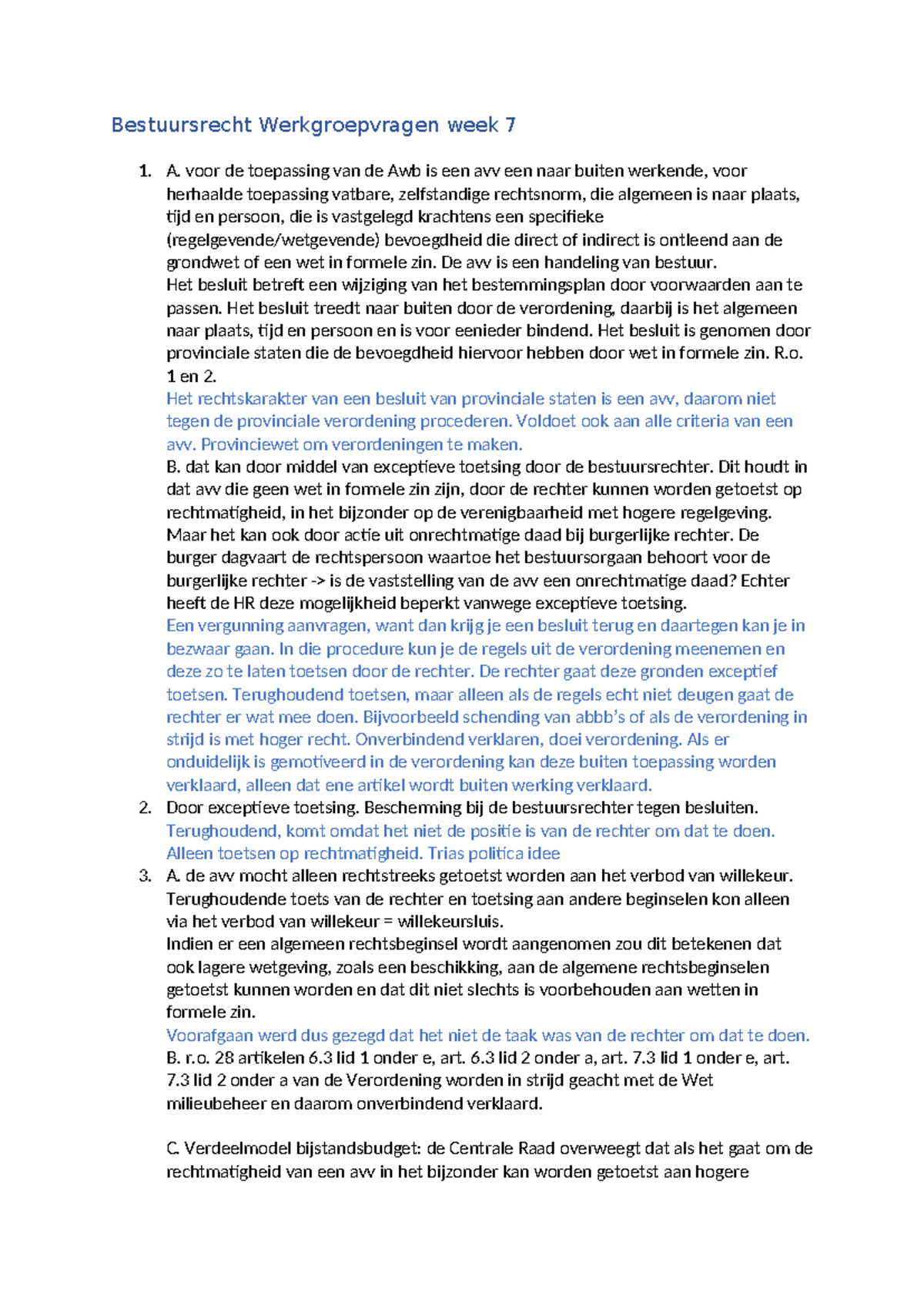 Bestuursrecht Werkgroepvragen Week 7: Toetsing van AVV en CBAS ...