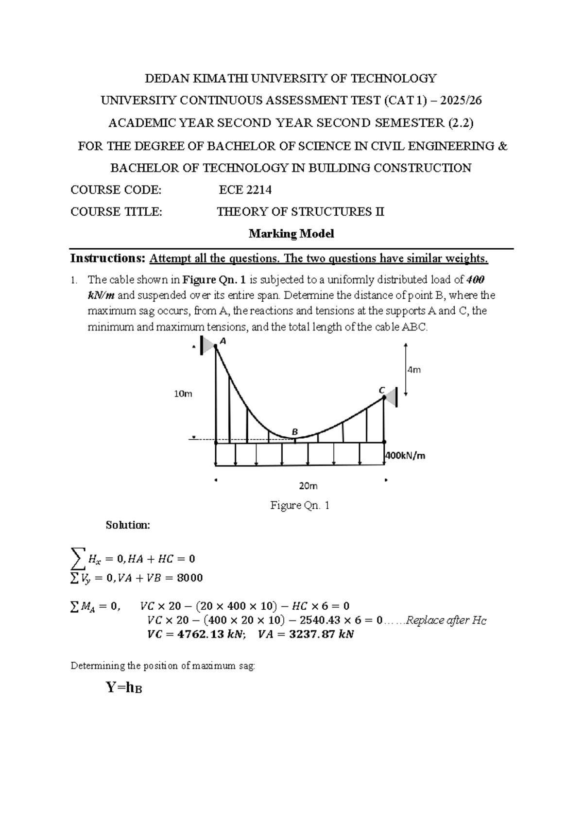 ECE 2214 - Theory of Structures II - CAT 1 Marking Model - Studocu