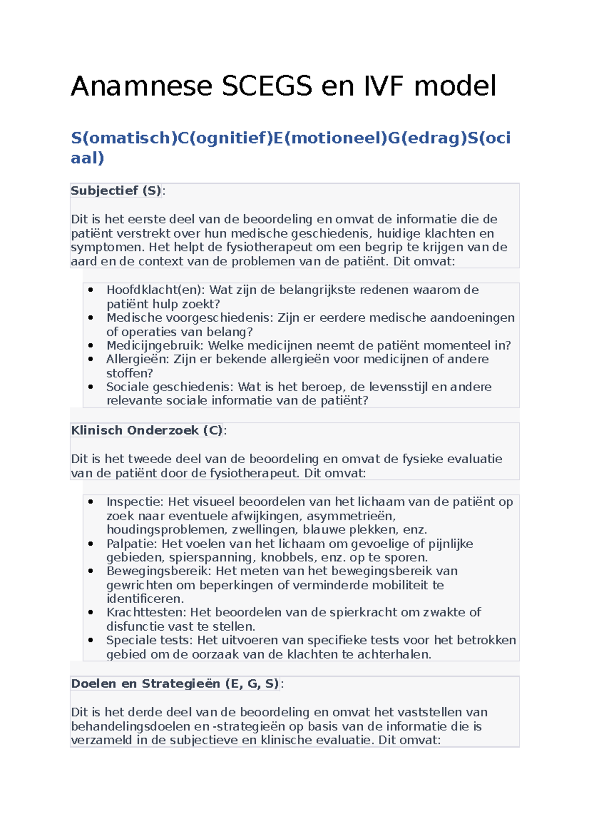 Anamnese SCEGS-model in Fysiotherapie Evaluatie Document - Studeersnel