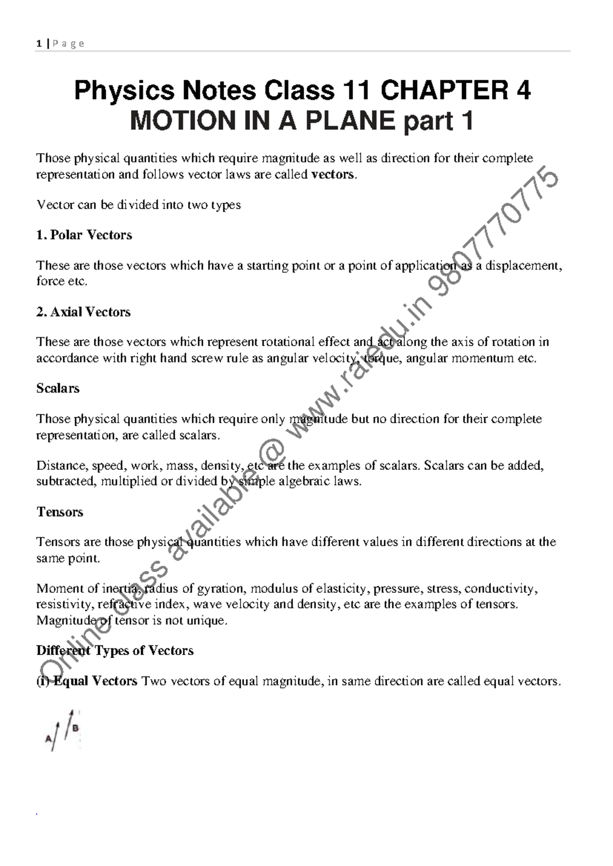 Physics Notes Class 11: Chapter 4 - Motion in a Plane - Studocu
