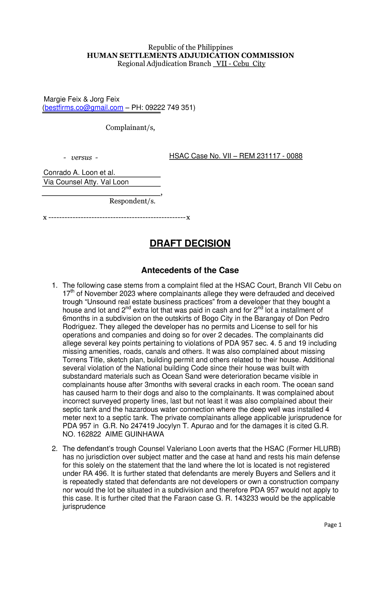 Draft Decision on HSAC Case No. VII-REM 231117-0088: Real Estate ...