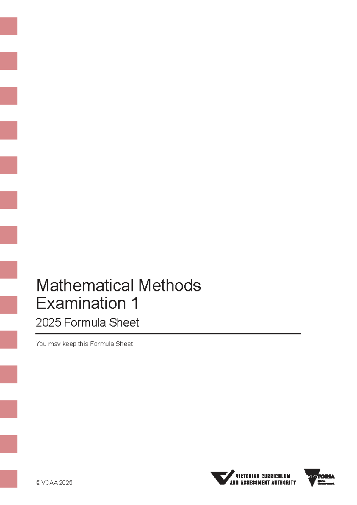 2025 VCE Mathematical Methods Exam 1 Formula Sheet - Studocu
