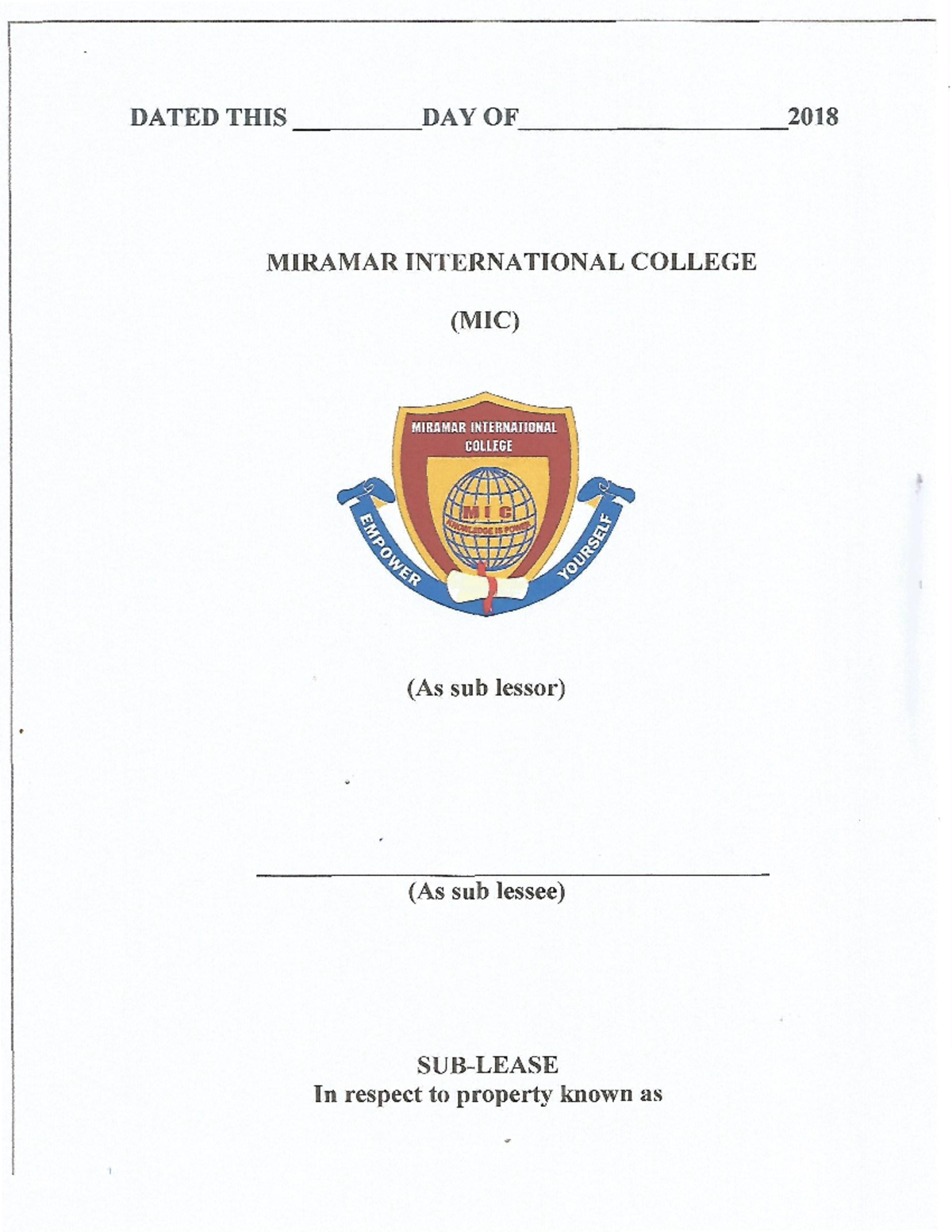 SUB-LEASE AGREEMENT FORMAT - MIC 2018 - Studocu