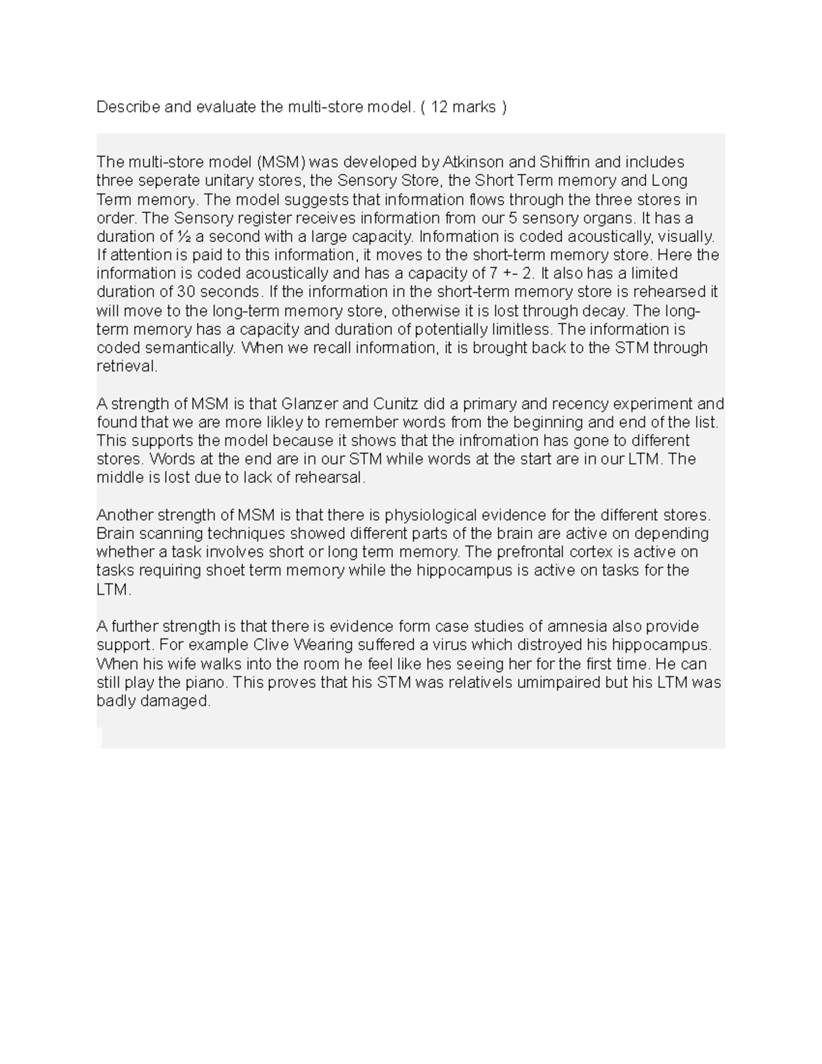 MSM - 12 Mark Essay: Evaluation of the Multi-Store Model in AQA ...