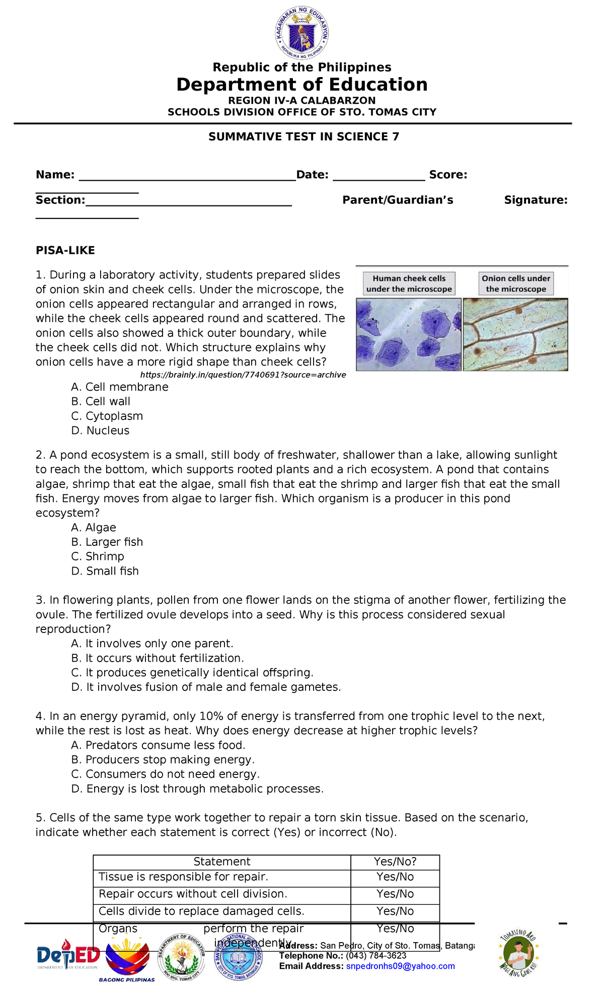 Summative Test in Science 7 - PISA Like 5 Items - Studocu
