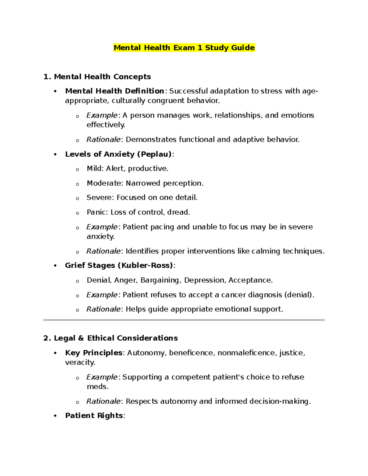 Mental Health Study Guide for Exam 1: Key Concepts and Interventions ...