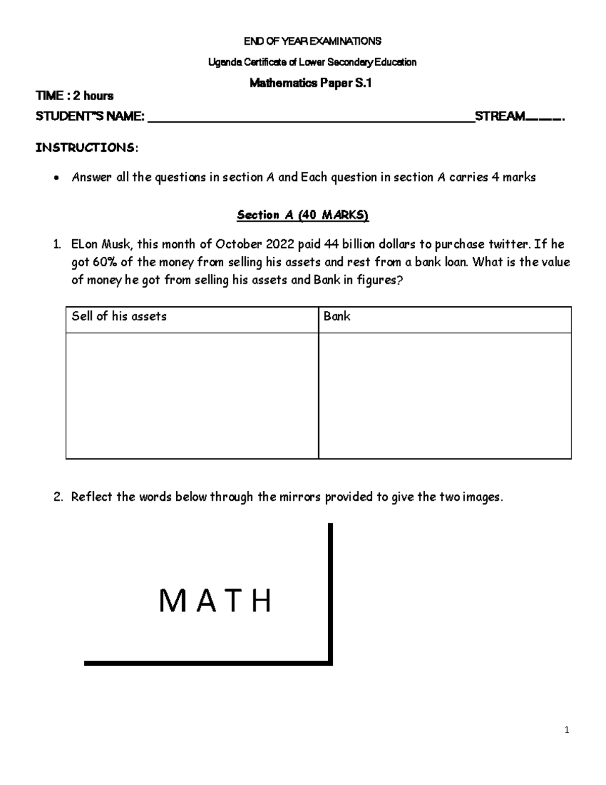 S.1 Mathematics End of Year Exam Questions and Solutions - Studocu