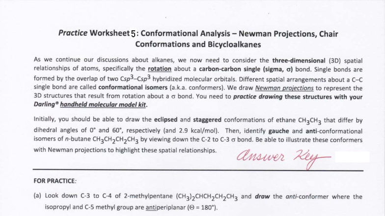 Practice Worksheet 5: Conformational Analysis & Newman Projections (CHE ...