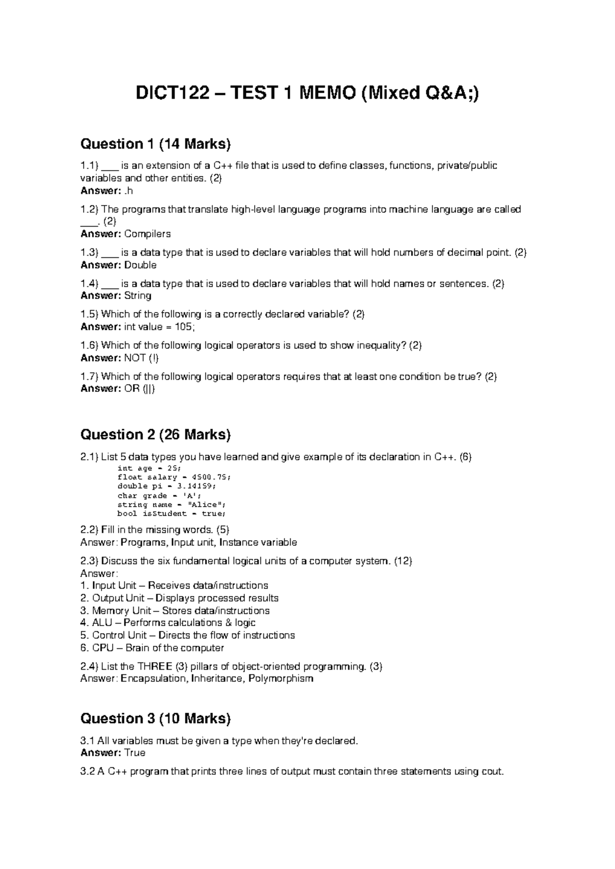 DICT122 Test 1 Memo: Mixed Questions & Answers - Studocu
