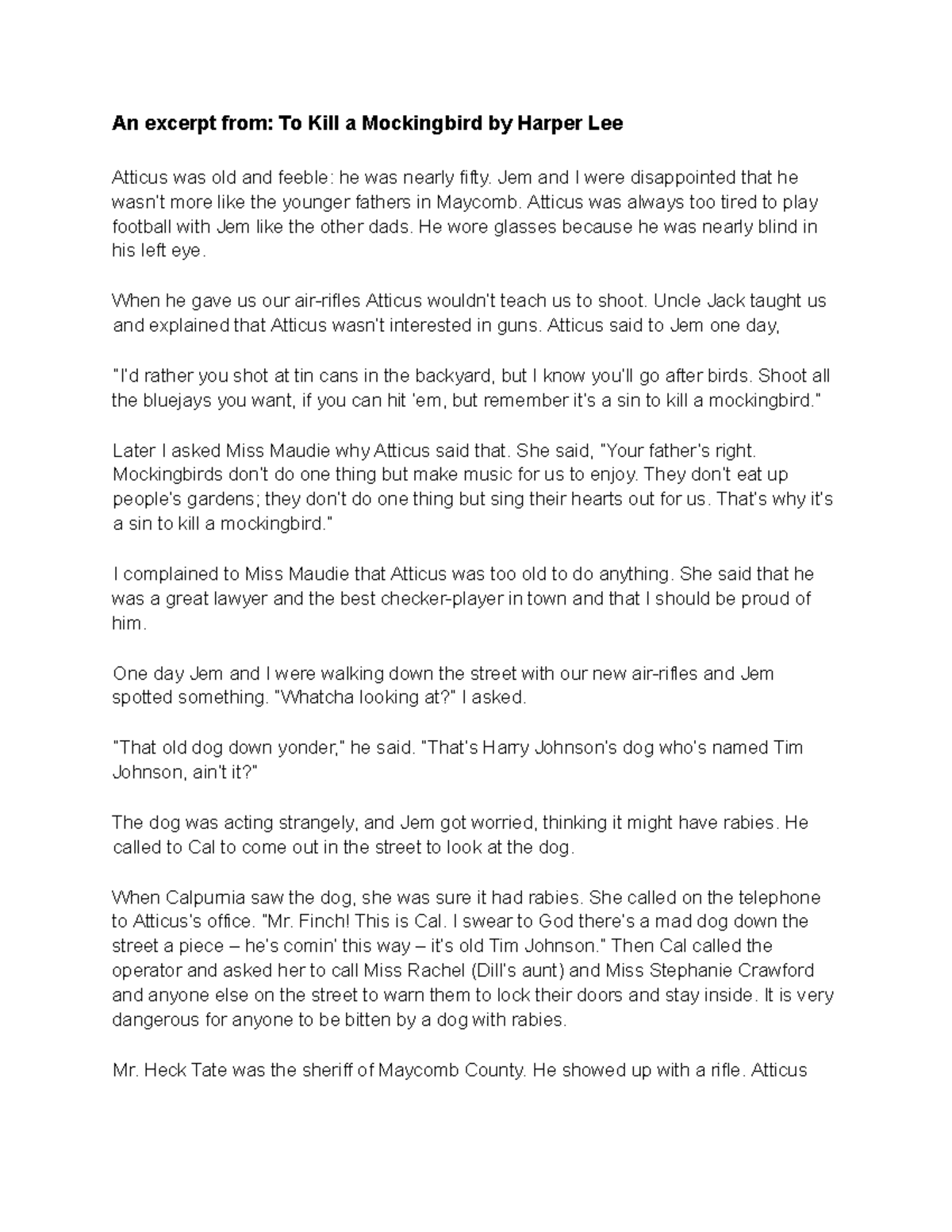 RM 2 To Kill a Mockingbird - An excerpt from: To Kill a Mockingbird by ...