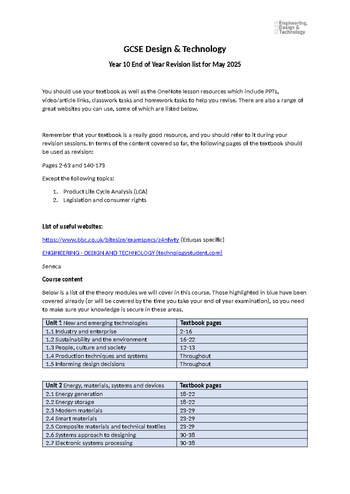 GCSE Design Technology Year 10 End of Year Revision Guide - May 2025 ...