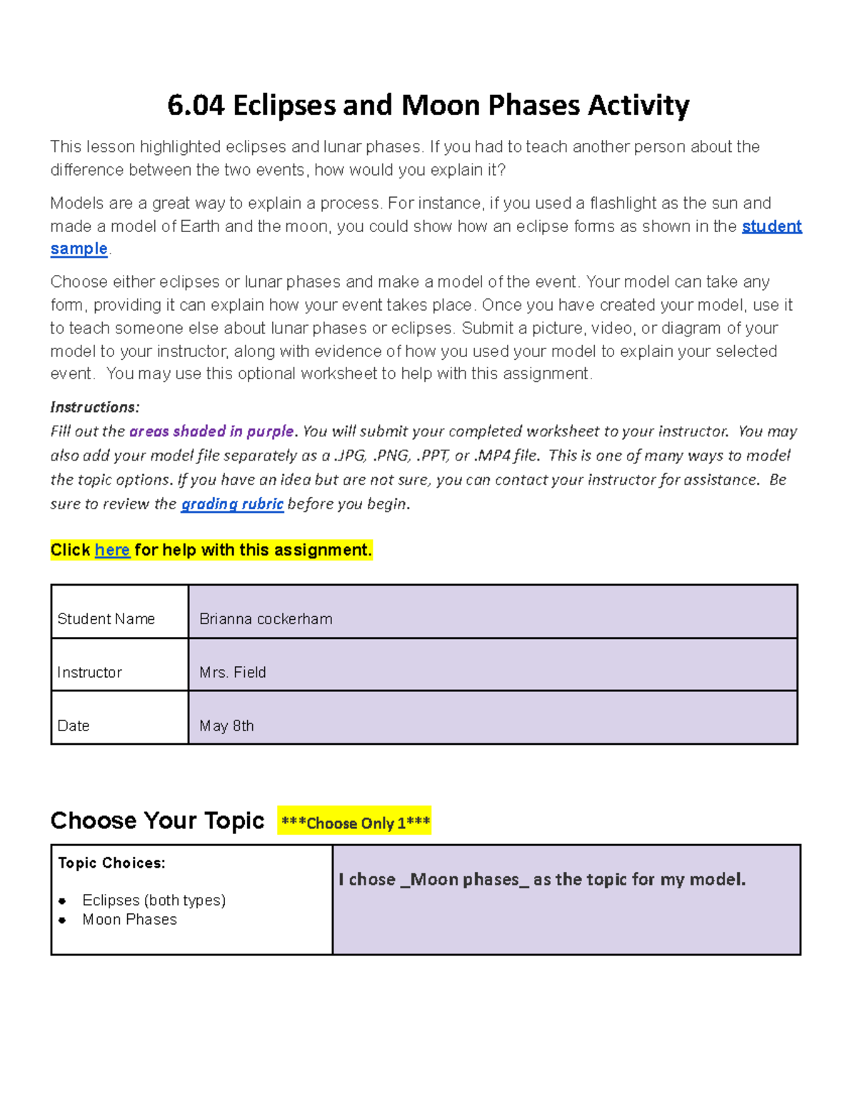 6.04 Eclipses & Moon Phases Activity Worksheet: Model Creation Guide ...