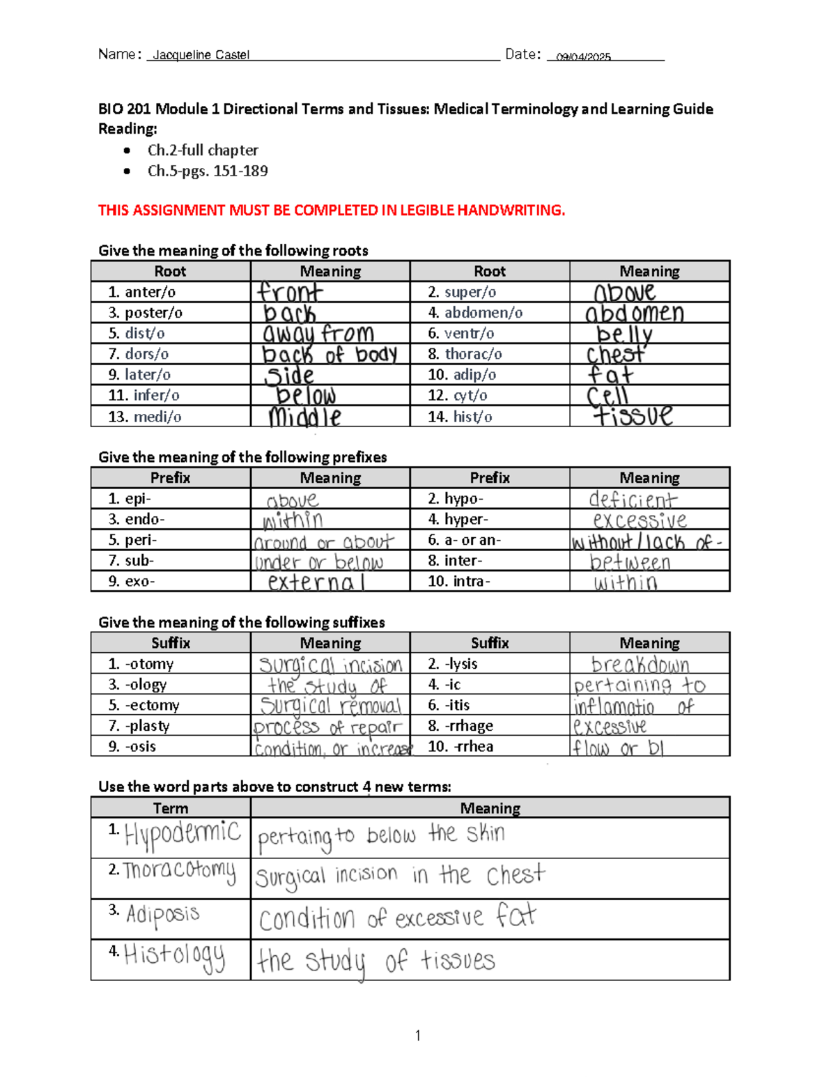 BIO 201 Module 1 Learning Guide: Directional Terms & Tissues - Studocu