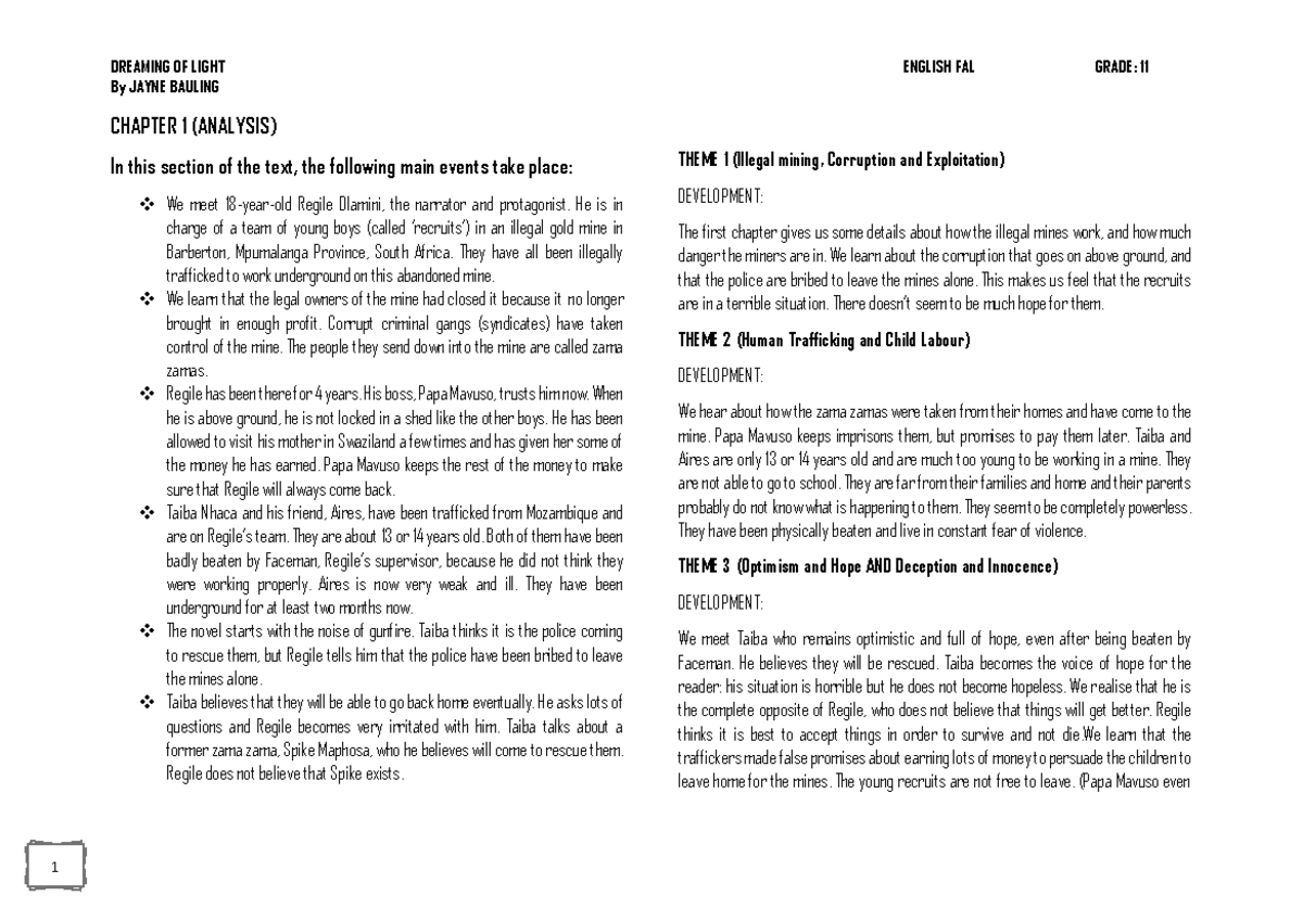 ENGL 101 - Chapter Summary and Analysis: Dreaming of Light - Studocu