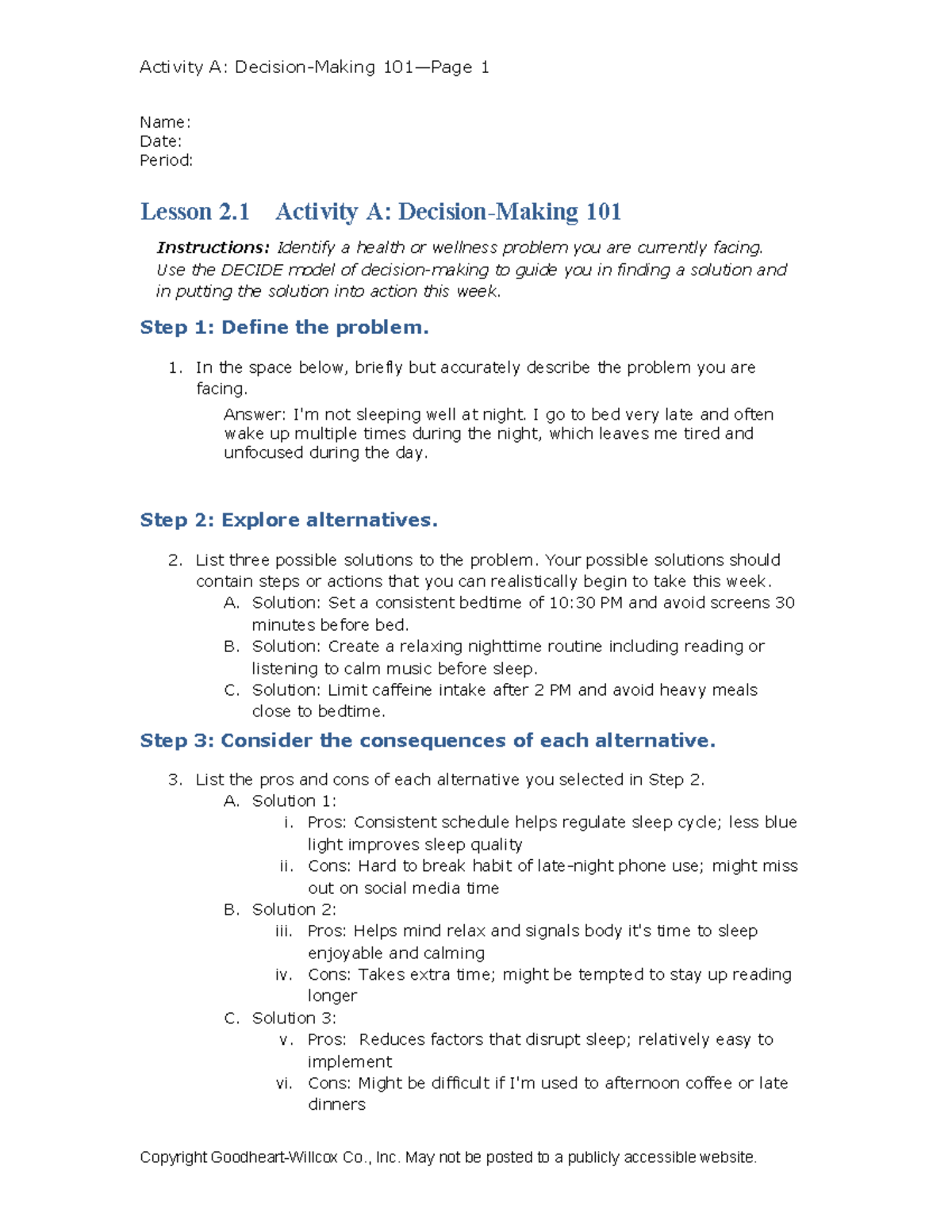 Health & Wellness Decision-Making: Lesson 2.1 Activity A - Studocu
