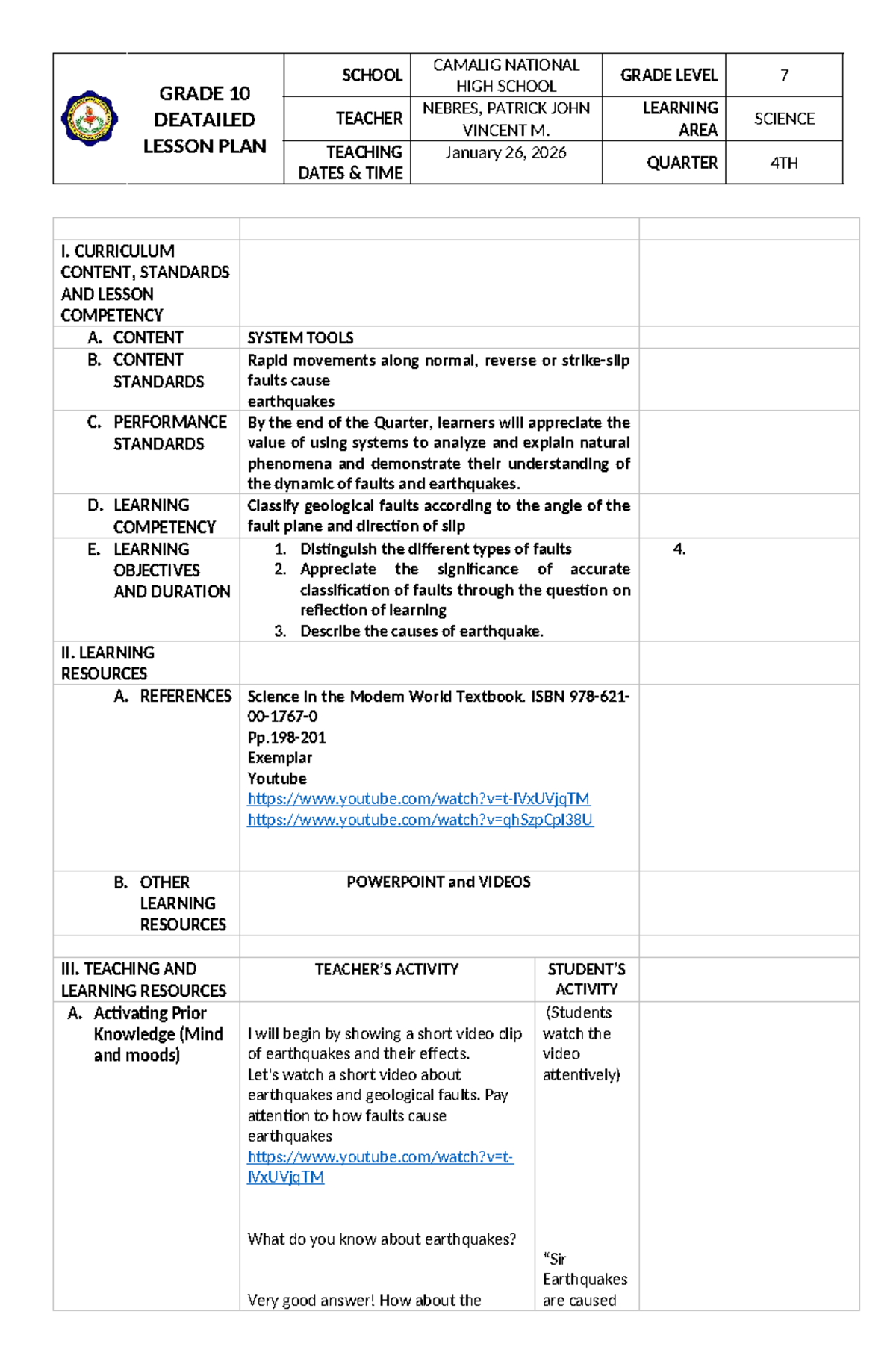 GRADE 10 DETAILED LESSON PLAN: EARTHQUAKES & FAULTS (DLP) - Studocu