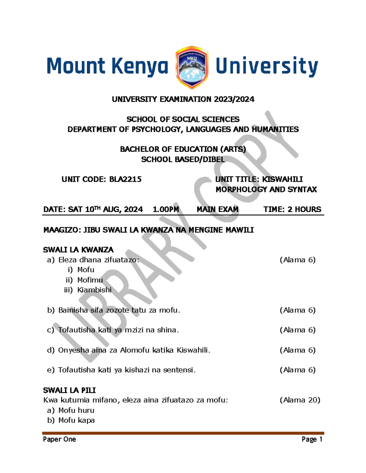 BLA2215 Kiswahili Morphology & Syntax Final Exam Guide - Studocu